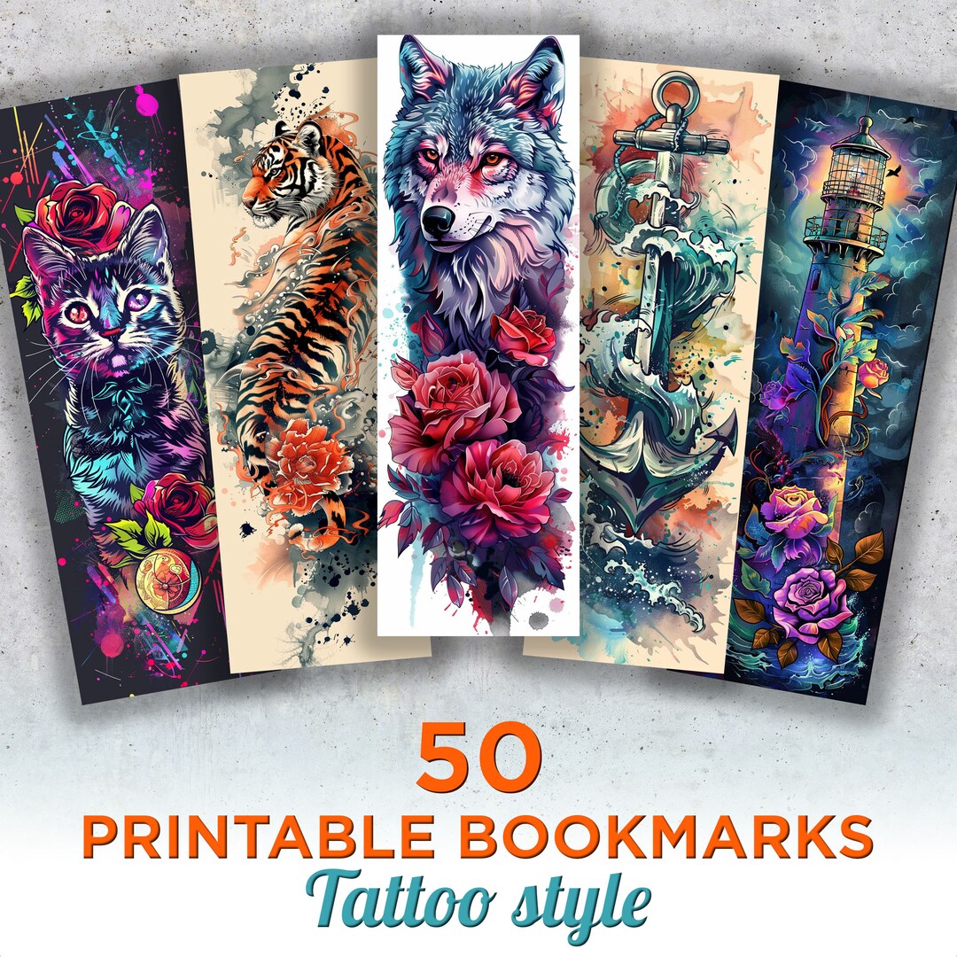 50 Tattoo Printable Bookmarks, Tattoo Digital Download Bookmark Sheets ...