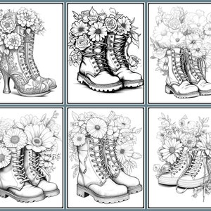 45 Floral Boots Coloring Pages, Blooming Shoes Printable Grayscale ...