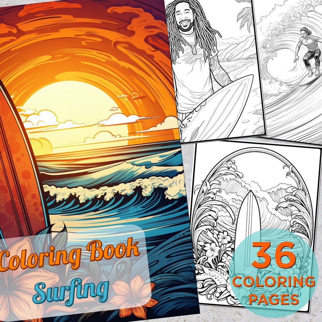 36 Surfing Coloring Pages, Surfing Adults Printable Grayscale Coloring ...