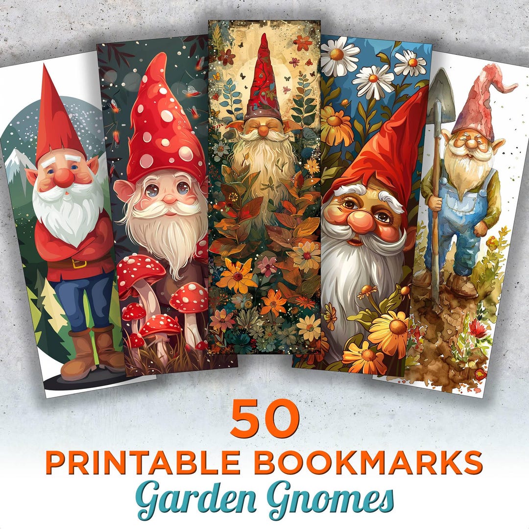50 Garden Gnome Printable Bookmarks, Gnome Digital Download Bookmark ...