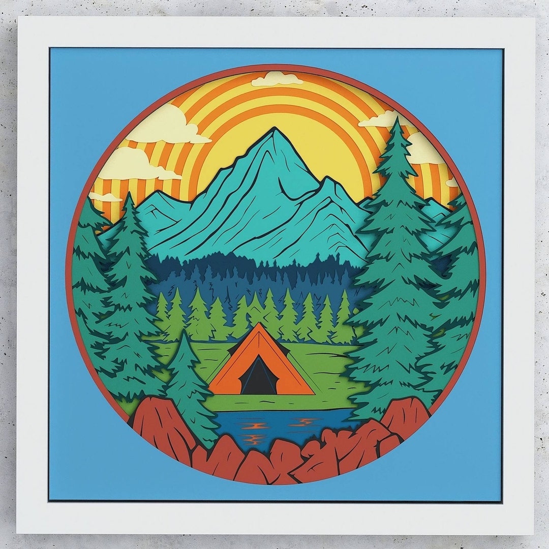 Mountains Landscape Shadow Box, Mountain Camping SVG Layered Design for ...