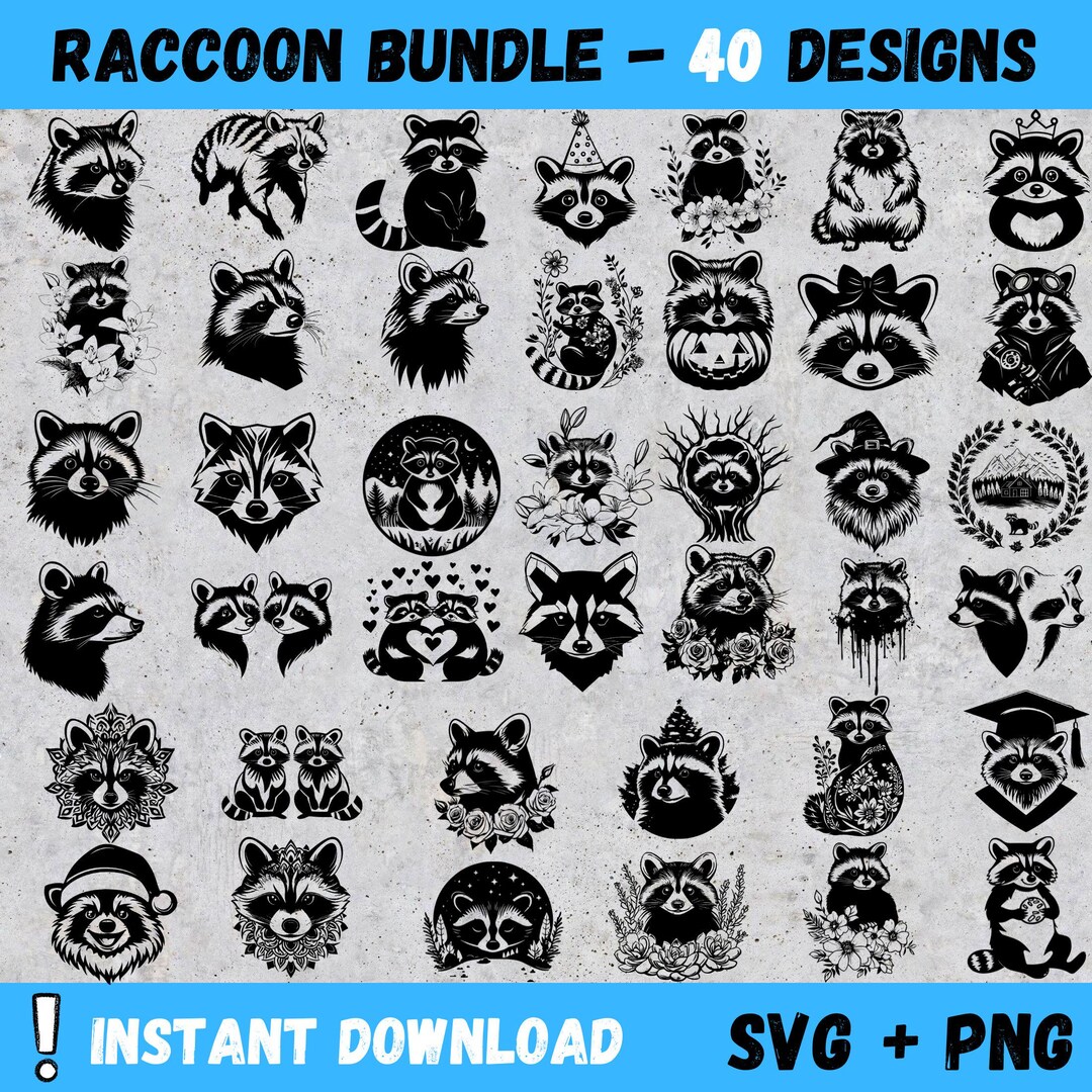 40 Raccoon PNG & SVG Bundle, Raccoons SVG Silhouettes Sublimation ...