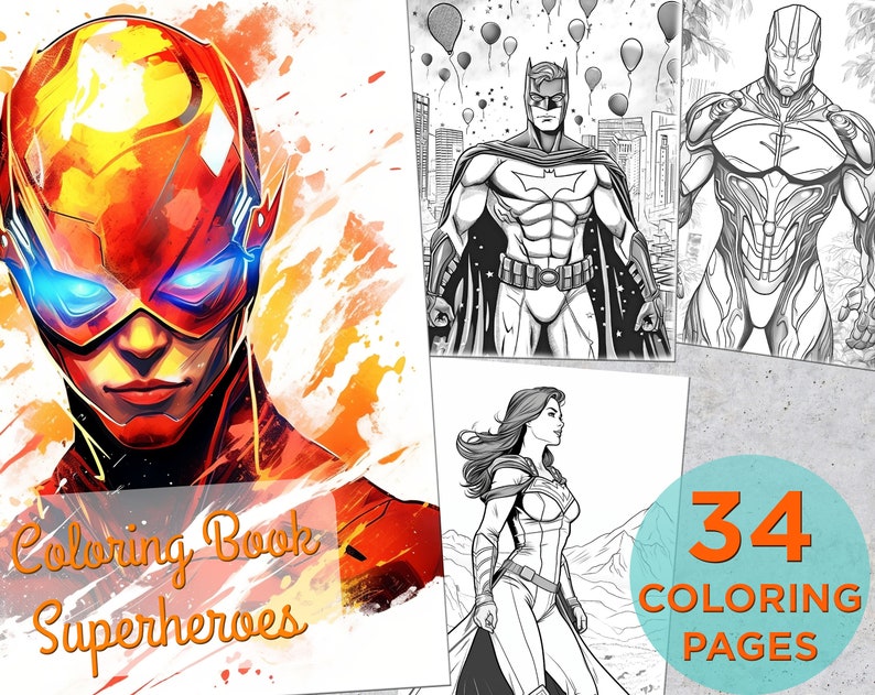 34 Superheroes Coloring Pages Adults Printable Grayscale Hero - Etsy