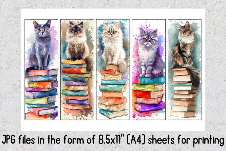50 Cats on Books Printable Bookmarks, Kitten Digital Bookmark Sheets ...