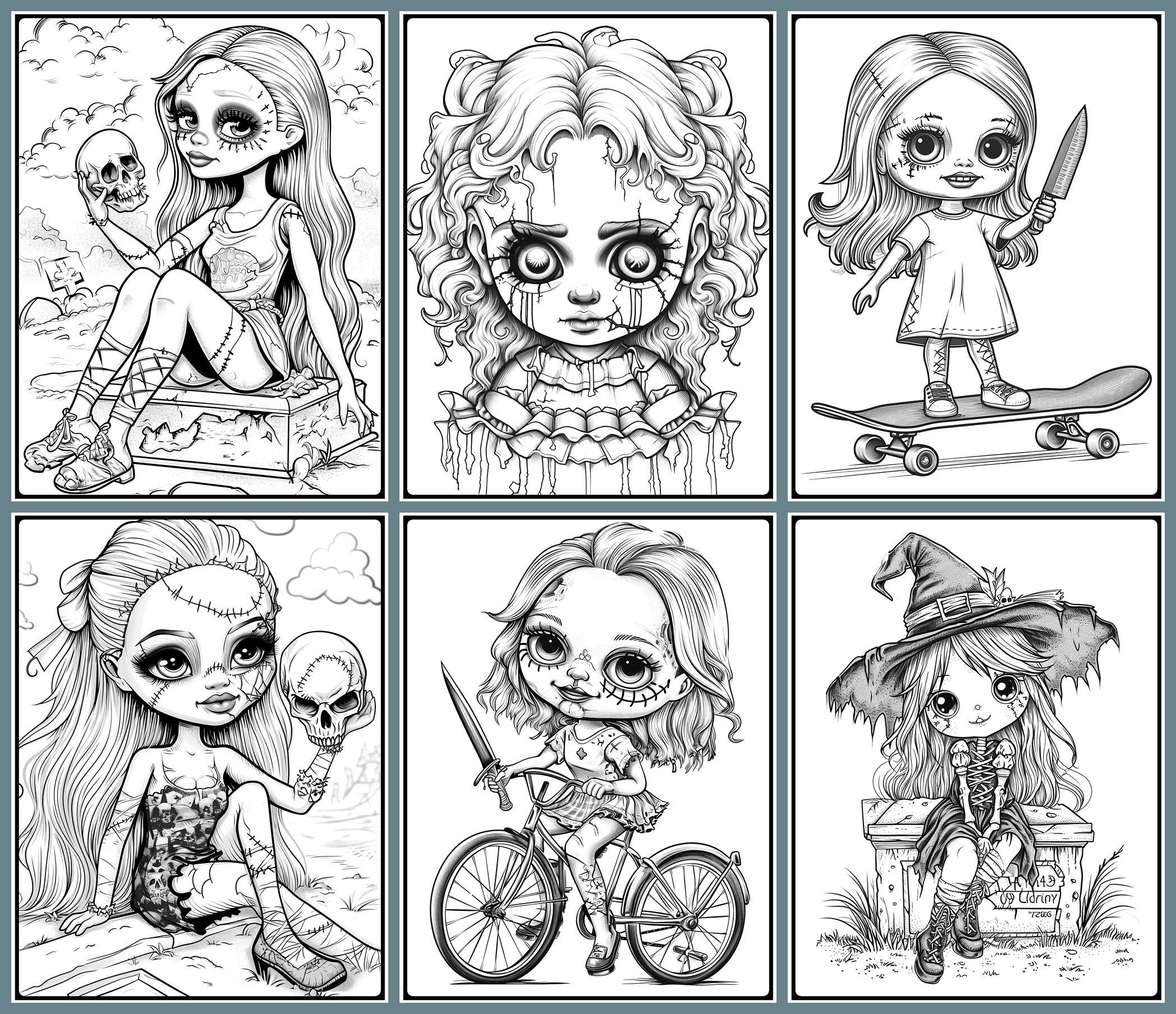 50 Creepy Dolls Coloring Pages, Adults Horror Dolls Printable Grayscale ...