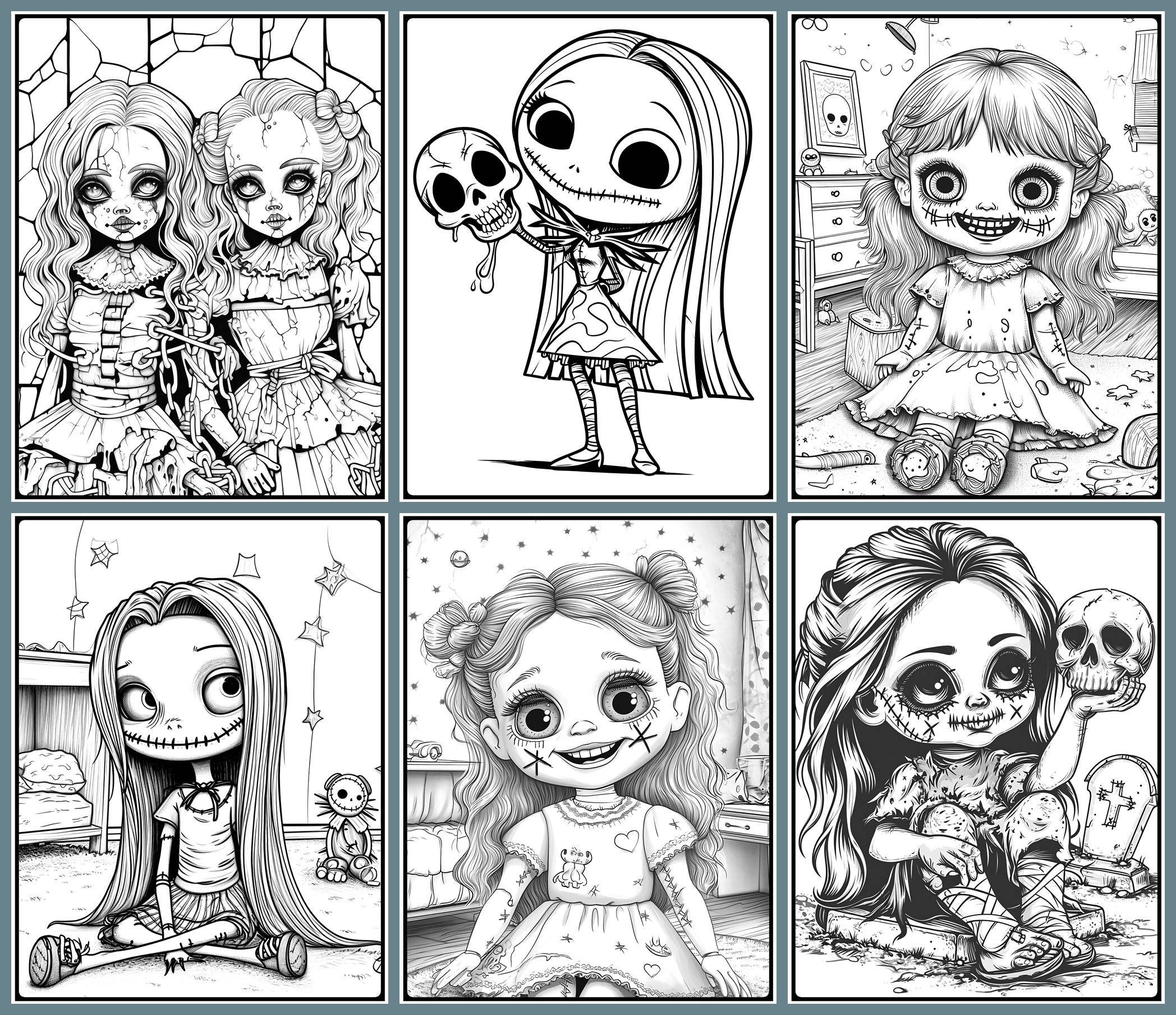 50 Creepy Dolls Coloring Pages, Adults Horror Dolls Printable Grayscale ...