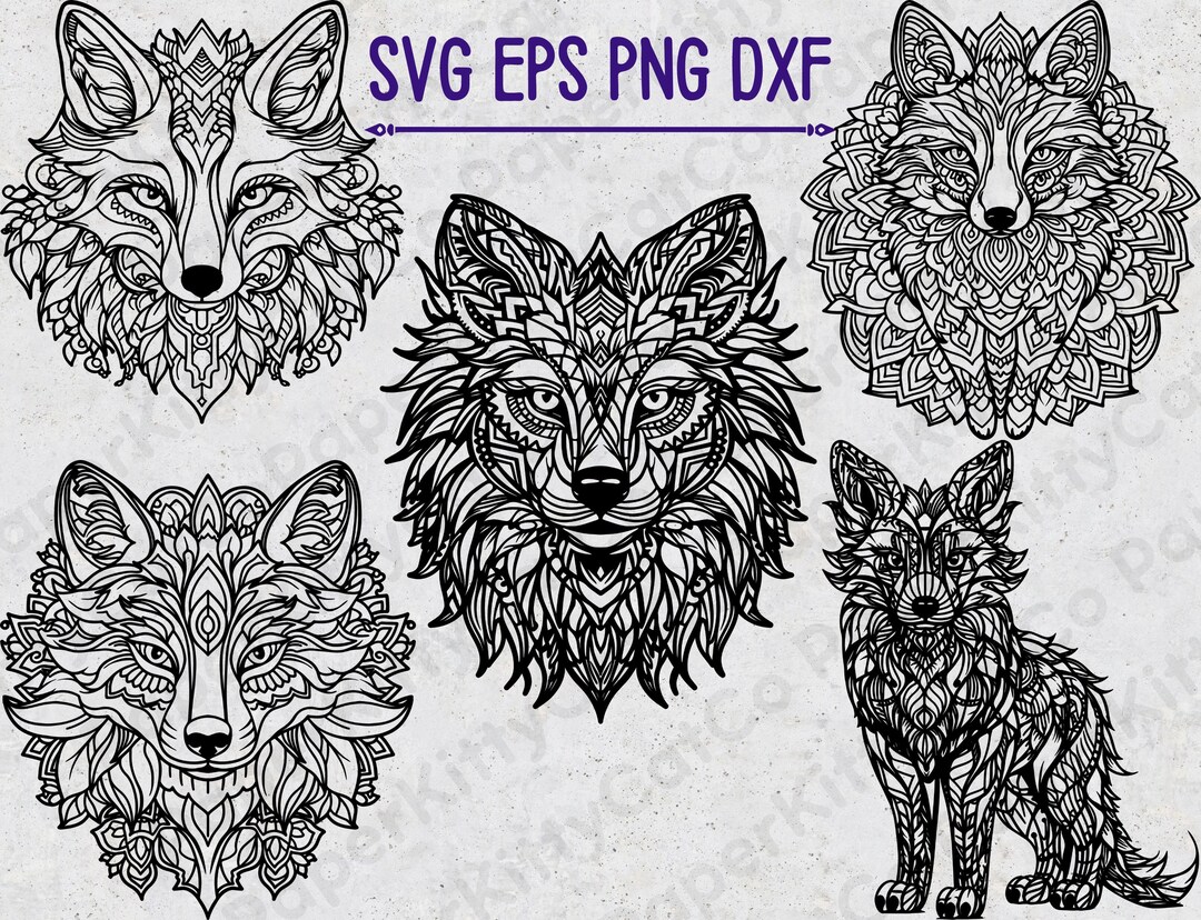 5 Fox SVG Bundle, Fox Zentangle Mandala SVG, Set of Fox PNG Sublimation ...