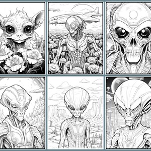 30 Aliens Coloring Pages, Adults Printable Grayscale Coloring Book With ...