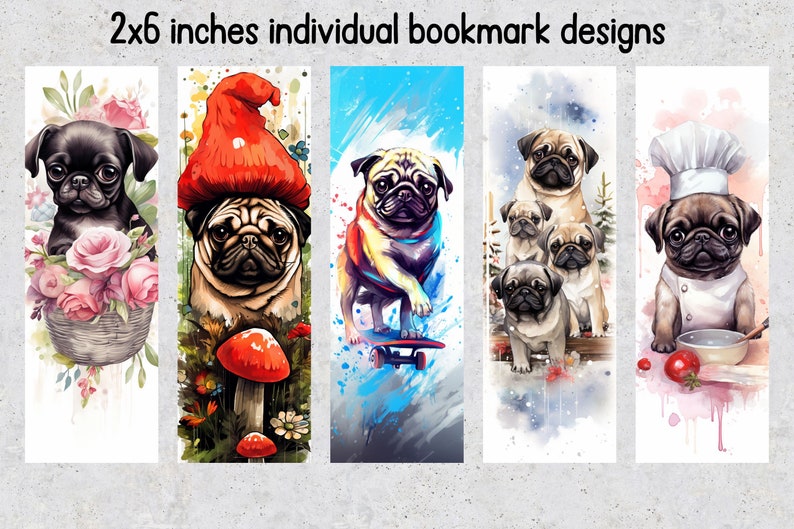 50 Pug Dog Printable Bookmarks, Pug Dogs Digital Bookmark Sheets, Pug ...