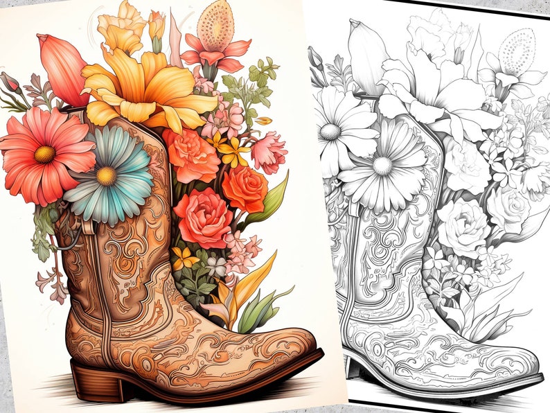 45 Floral Boots Coloring Pages, Blooming Shoes Printable Grayscale ...