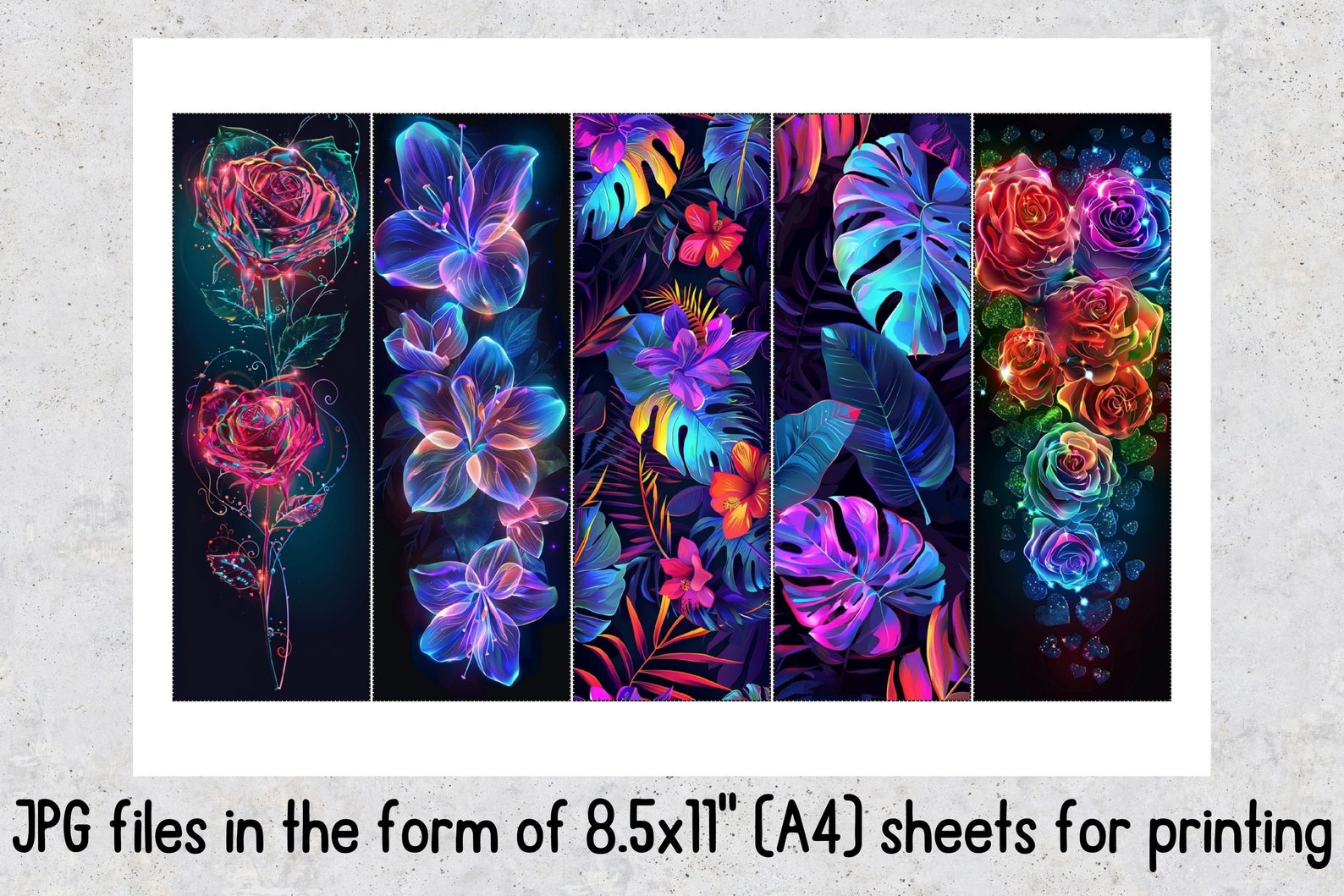 50 Neon Flowers Printable Bookmarks, Floral Digital Download Bookmark ...
