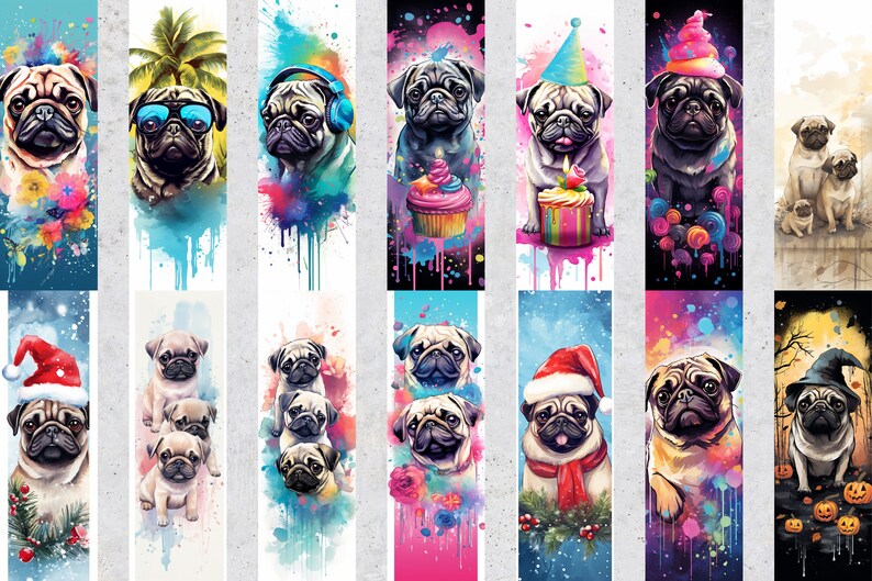 50 Pug Dog Printable Bookmarks, Pug Dogs Digital Bookmark Sheets, Pug ...