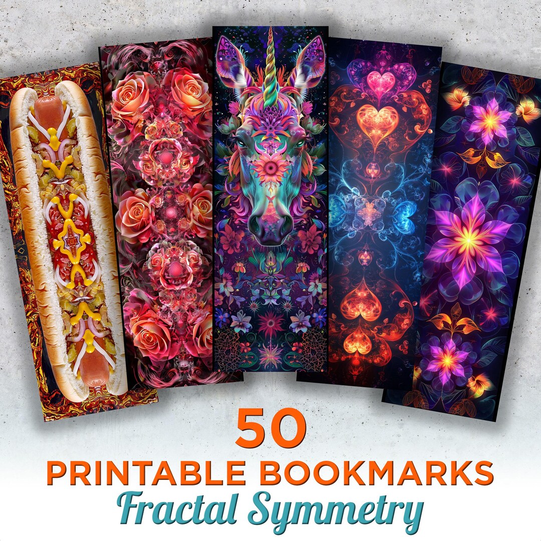 50 Fractal Symmetry Printable Bookmarks, Kaleidoscopic Digital Download ...