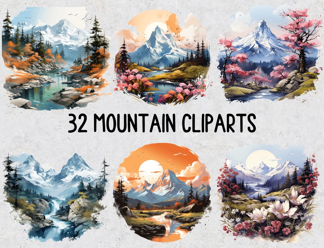 32 Mountain PNG Cliparts, Watercolor Mountain Sublimation SVG, Set of ...
