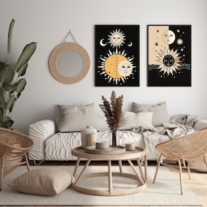 Set of 3 Sun and Moon Abstract Art in Boho Style, Boho Printable Art ...