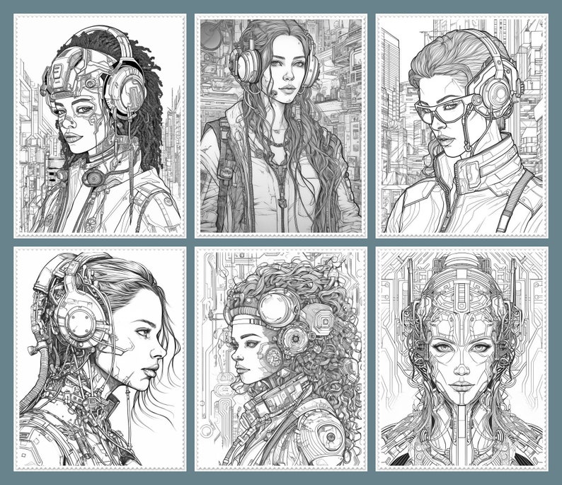 26 Cyberpunk Girls Coloring Pages, Adults Printable Grayscale Coloring ...