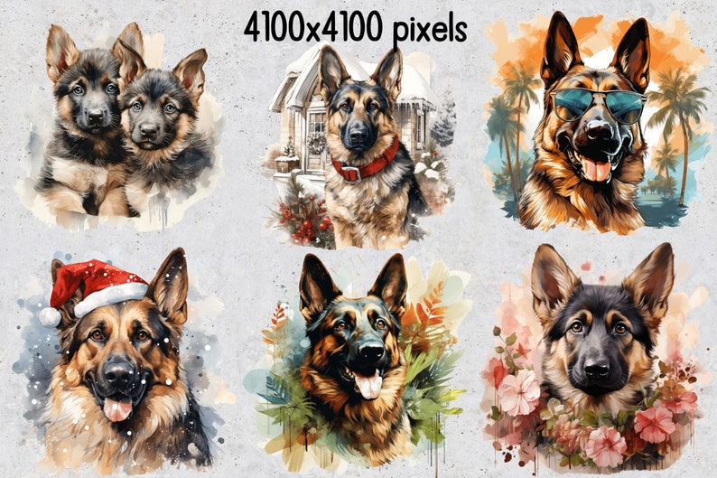 30 German Shepherd PNG Cliparts, Watercolor Shepherd Sublimation, Set ...