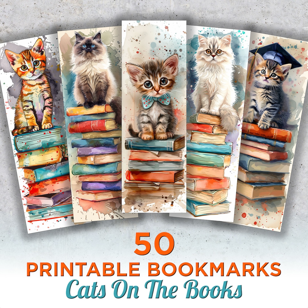 50 Cats on Books Printable Bookmarks, Kitten Digital Bookmark Sheets ...