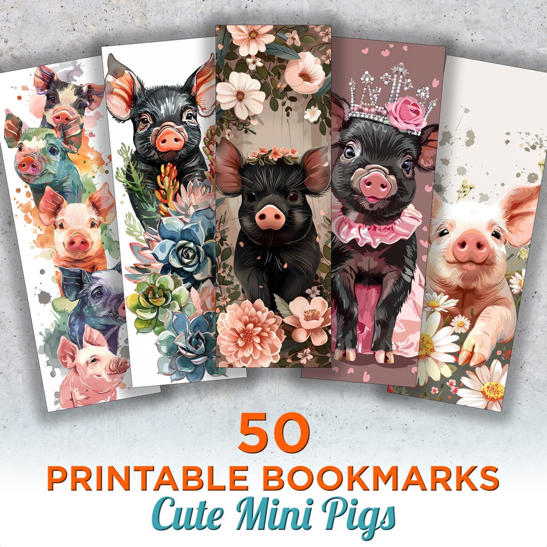 50 Mini Pig Printable Bookmarks, Mini Pig Digital Bookmark Sheets, Mini ...