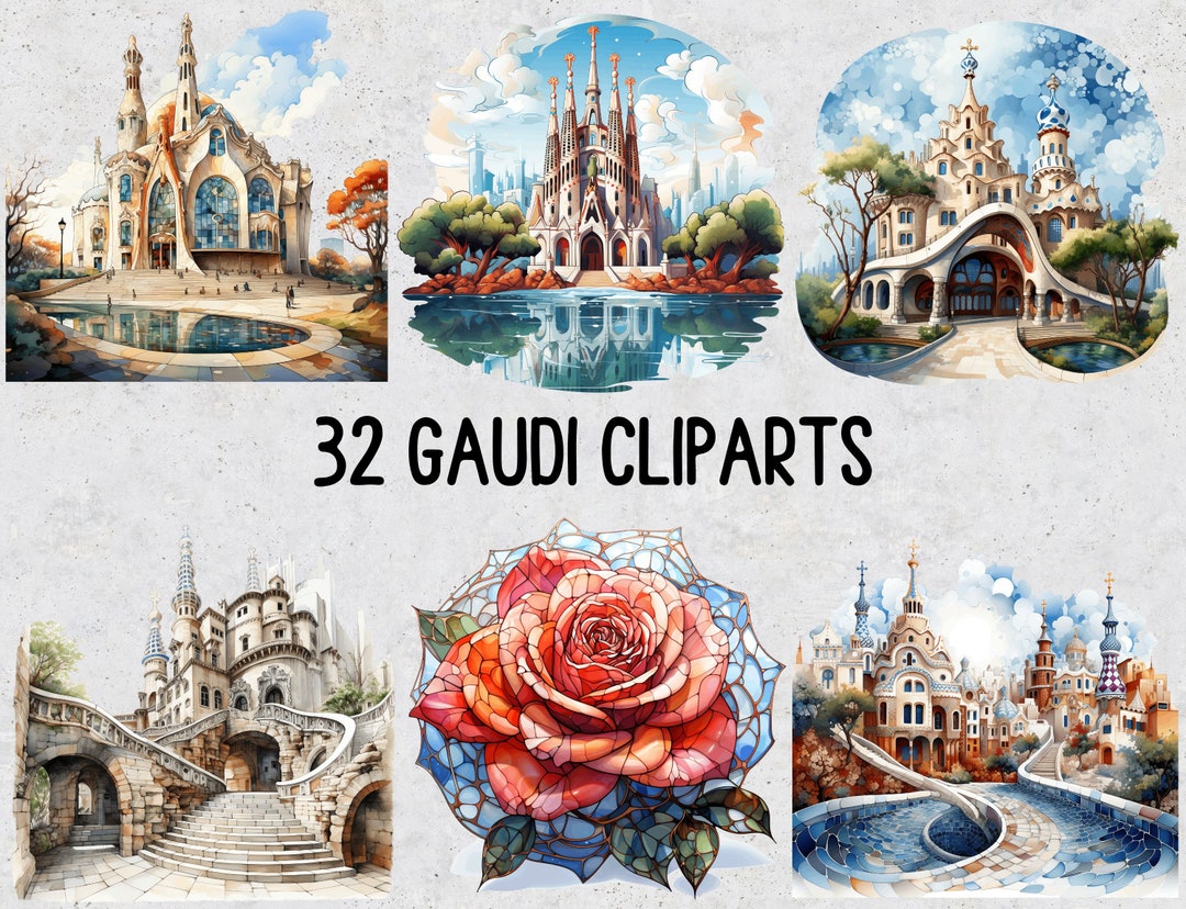 32 Antonio Gaudi PNG Cliparts, Watercolor Gaudi Sublimation SVG, Set of ...