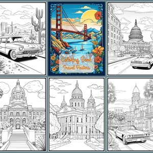 35 Travel Posters Coloring Pages, Travel Printable Grayscale Coloring ...