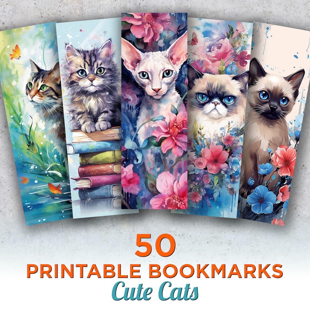 50 Cute Cat Printable Bookmarks, Kitten Digital Bookmark Sheets, Cat ...