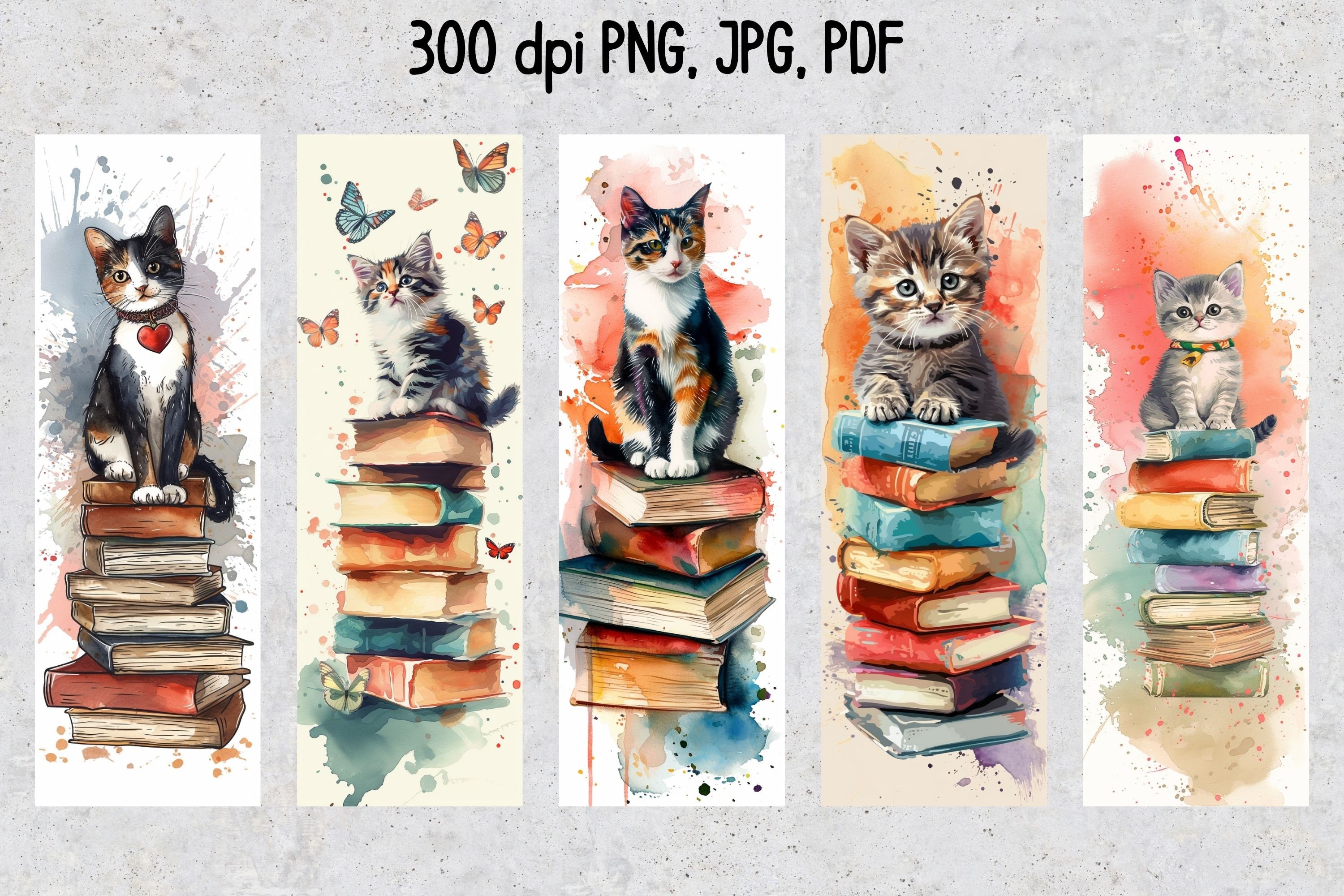 50 Cats on Books Printable Bookmarks, Kitten Digital Bookmark Sheets ...