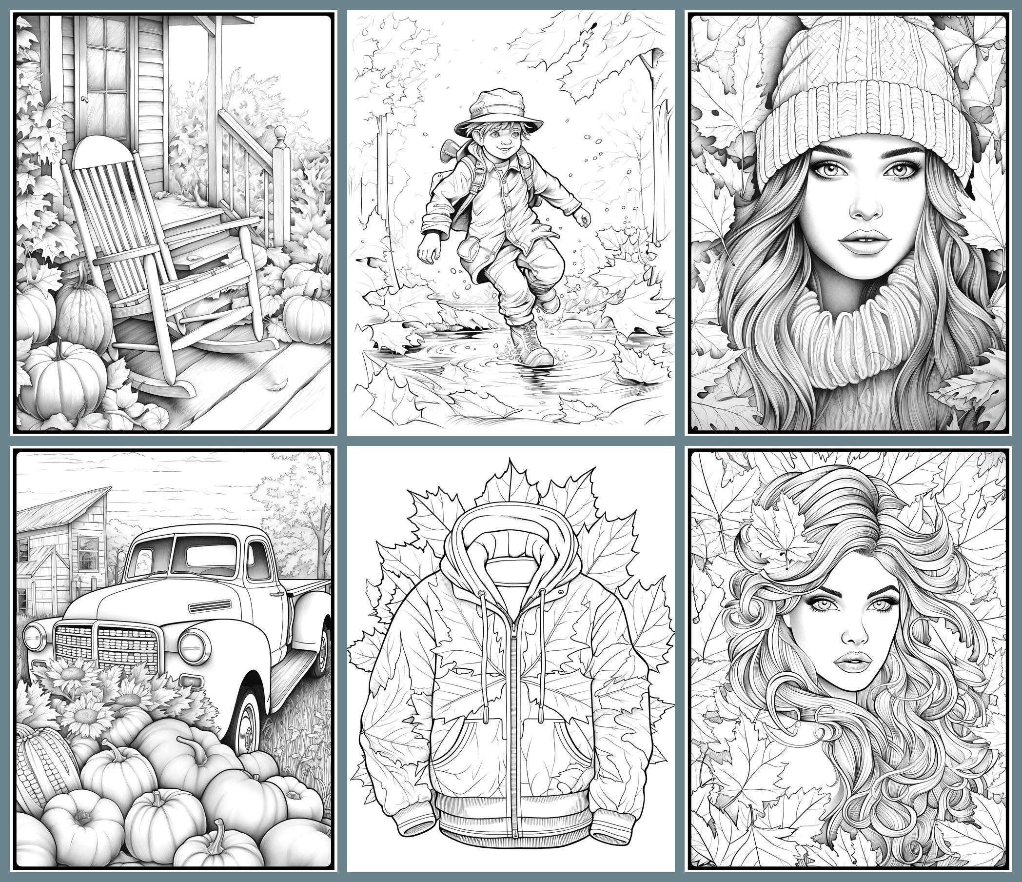 30 Autumn Coloring Pages, Autumn Fall Adults Printable Grayscale ...