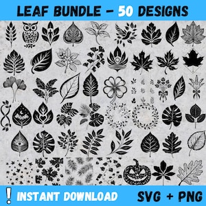 50 Leaf PNG & SVG Bundle, Leafs SVG Silhouettes Sublimation, Herbs ...