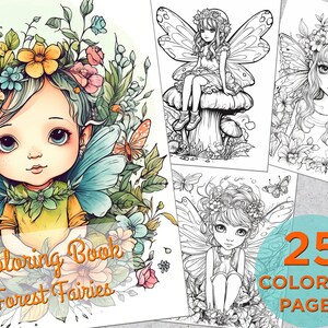 Forest Fairies Coloring Book, Adults Kids Printable Grayscale Coloring ...