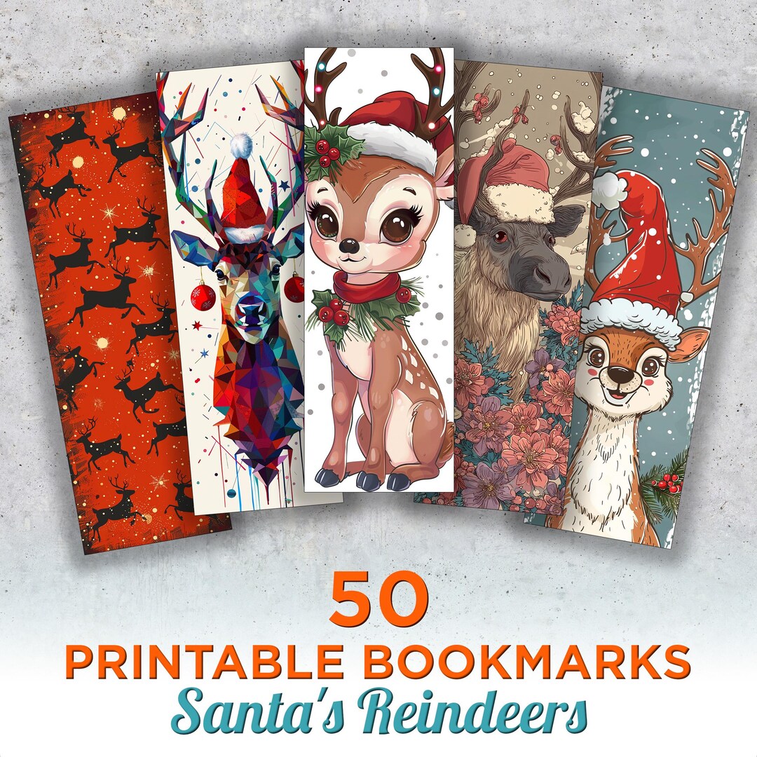50 Santa's Reindeer Printable Bookmarks, Christmas Deer Rudolph Digital ...