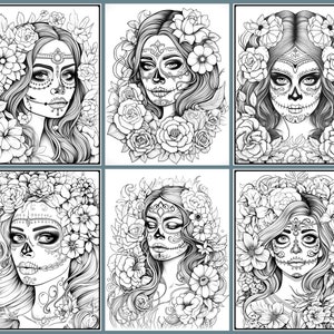 50 Sugar Skull Girls Coloring Pages V2, Adults Printable Grayscale ...