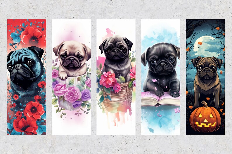 50 Pug Dog Printable Bookmarks, Pug Dogs Digital Bookmark Sheets, Pug ...