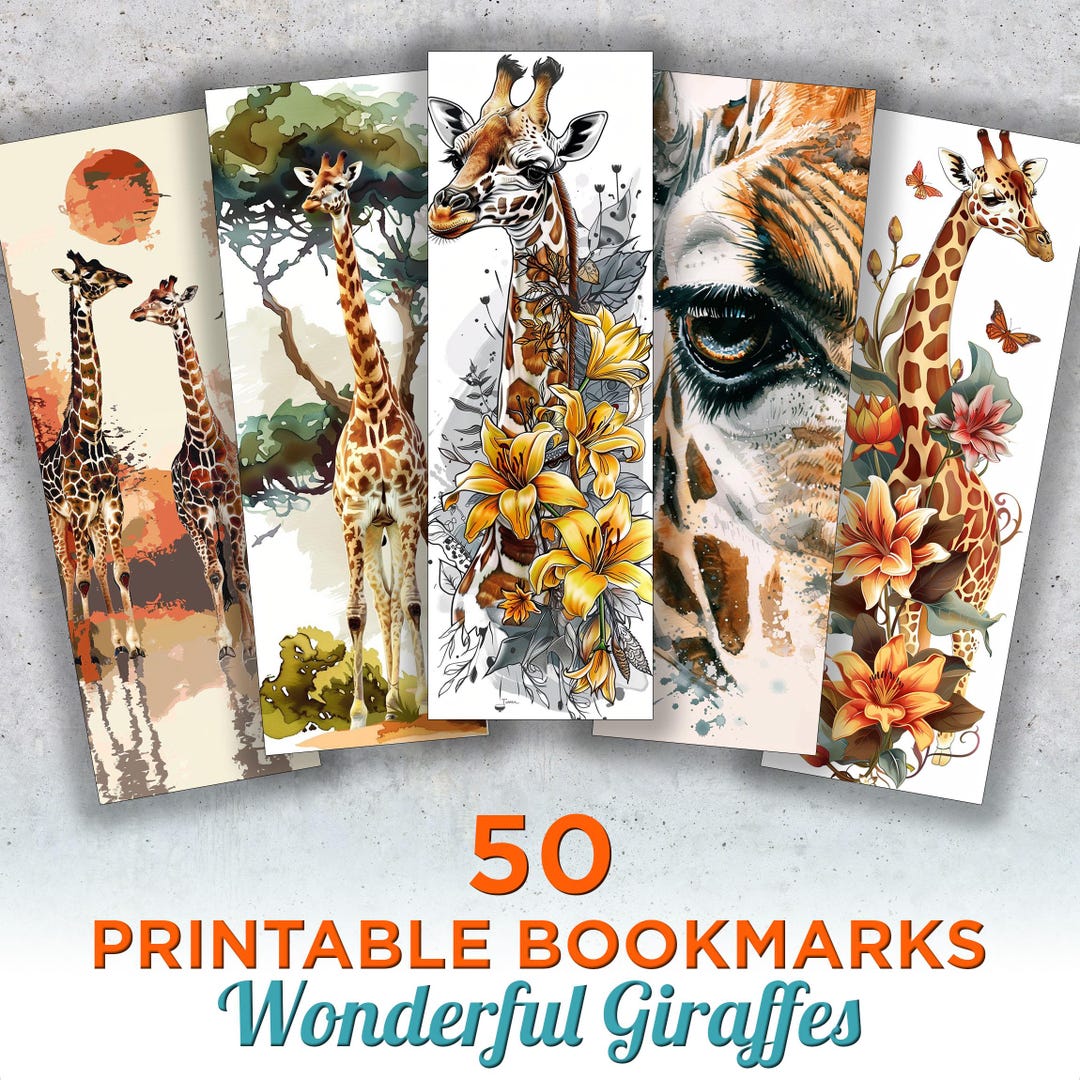 50 Giraffe Printable Bookmarks, Giraffe Digital Bookmark Sheets ...