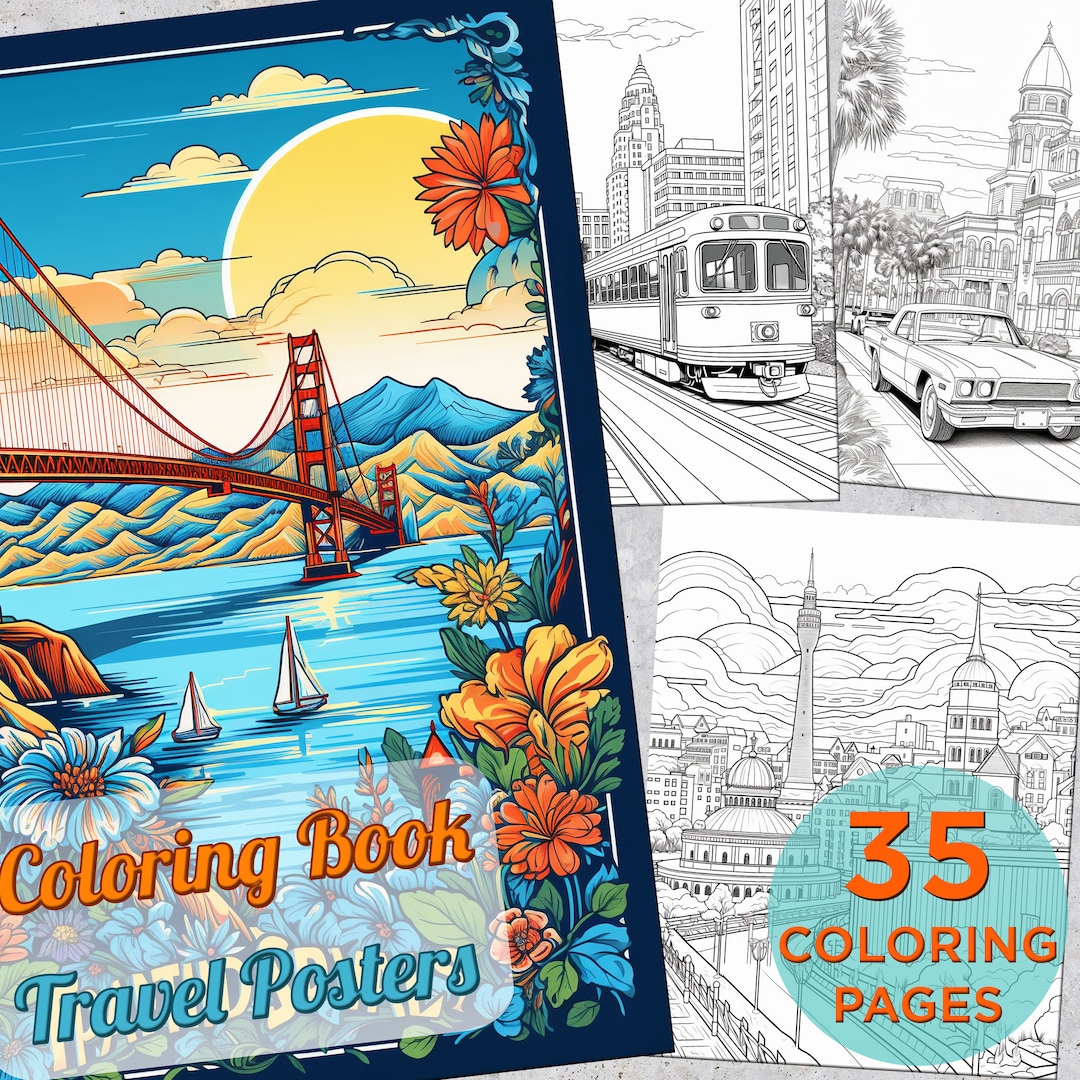 35 Travel Posters Coloring Pages, Travel Printable Grayscale Coloring ...