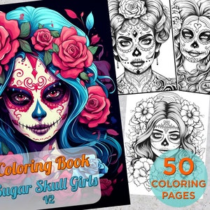 50 Sugar Skull Girls Coloring Pages V2, Adults Printable Grayscale ...