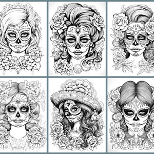 50 Sugar Skull Girls Coloring Pages V2, Adults Printable Grayscale ...