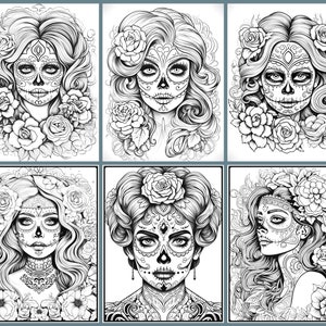 50 Sugar Skull Girls Coloring Pages V2, Adults Printable Grayscale ...