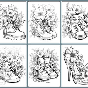 45 Floral Boots Coloring Pages, Blooming Shoes Printable Grayscale ...