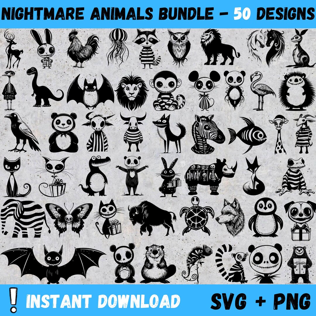 50 Nightmare Animals PNG & SVG Bundle, SVG Silhouettes Sublimation, Fun ...
