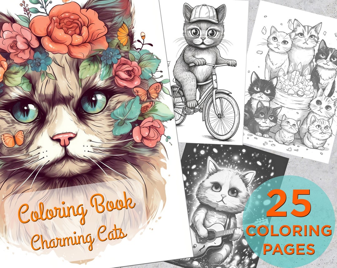 Cute Cats Coloring Book, Adults Kids Printable Grayscale Coloring Page ...