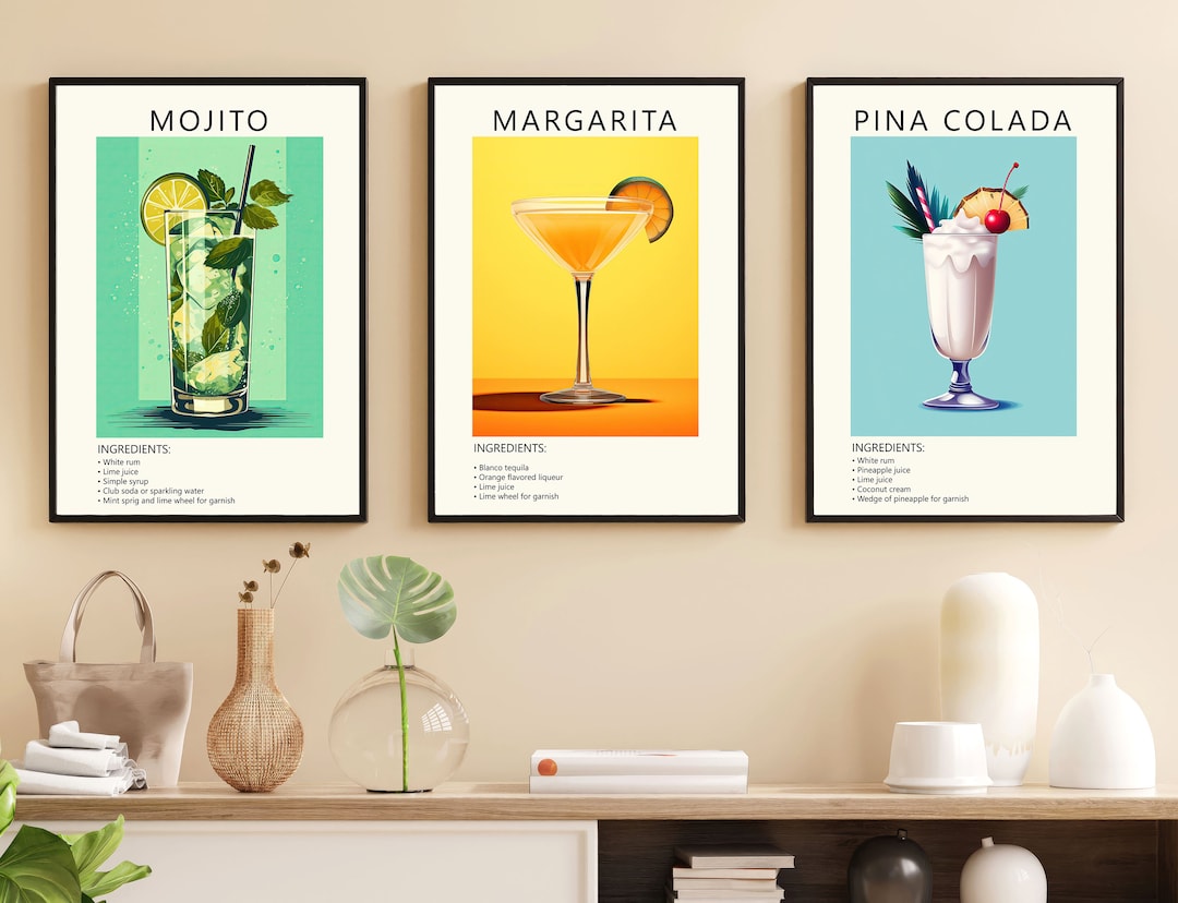 Set of 3 Cocktail Posters, Alcoholic Cocktails Printable Arts, Mojito ...