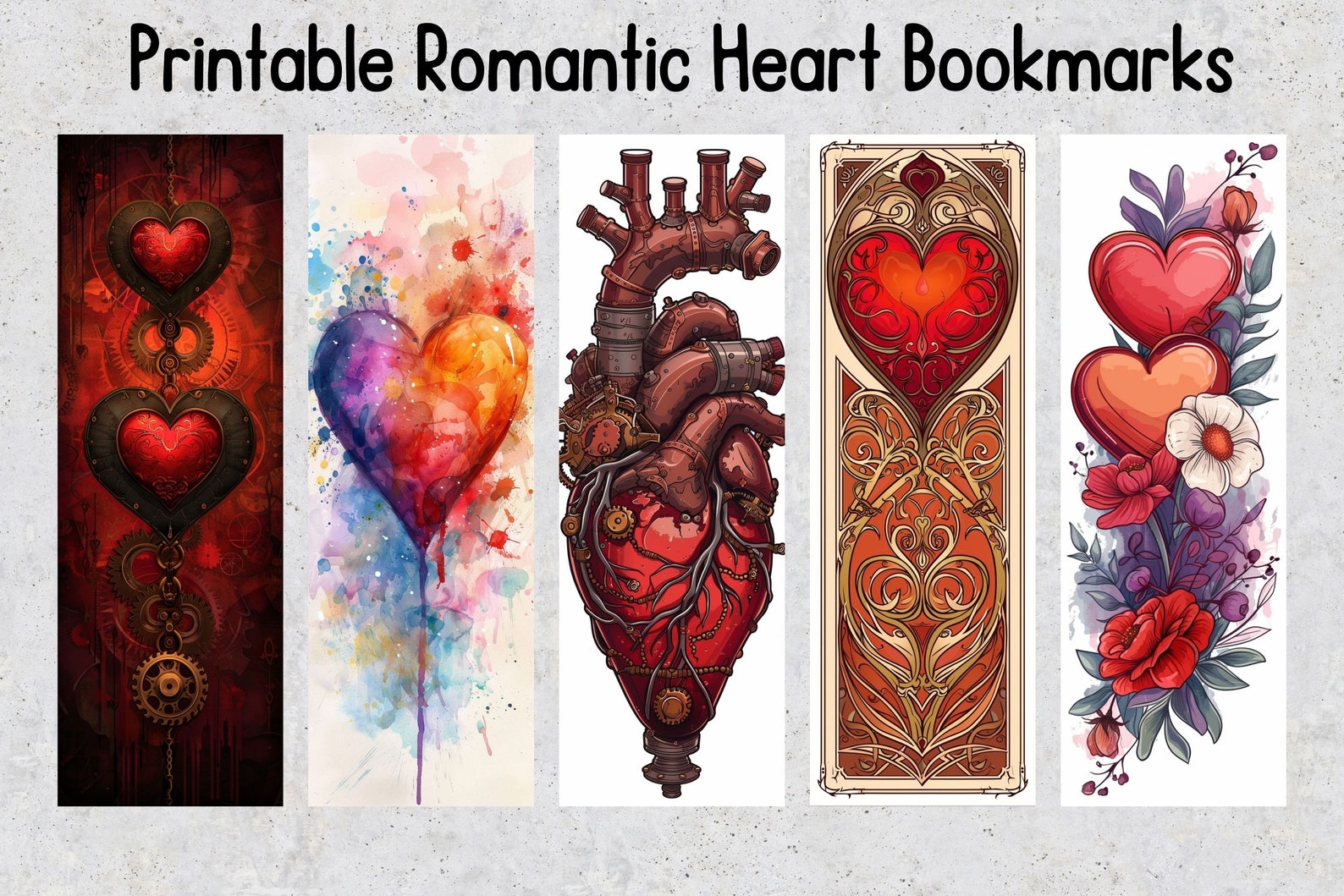 45 Romantic Hearts Printable Bookmarks, Heart Digital Download Bookmark ...