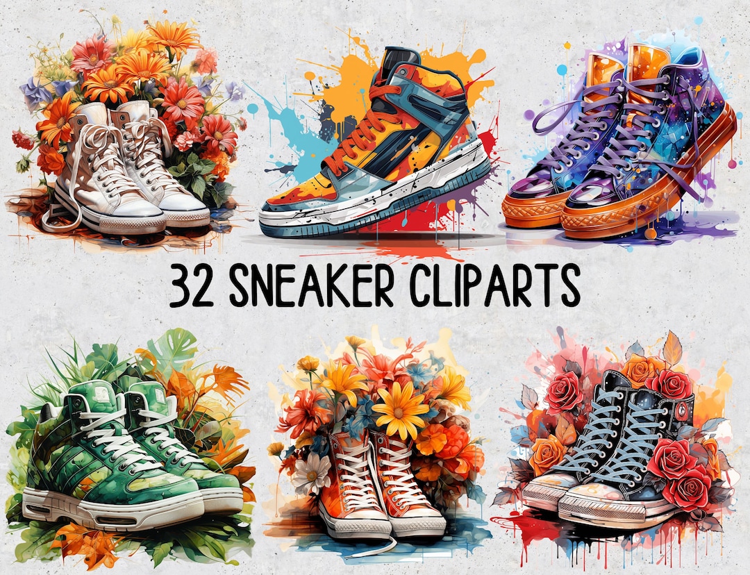 32 Sneakers PNG Cliparts, Watercolor Floral Sneakers Sublimation, Set ...