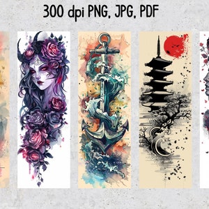50 Tattoo Printable Bookmarks, Tattoo Digital Download Bookmark Sheets ...