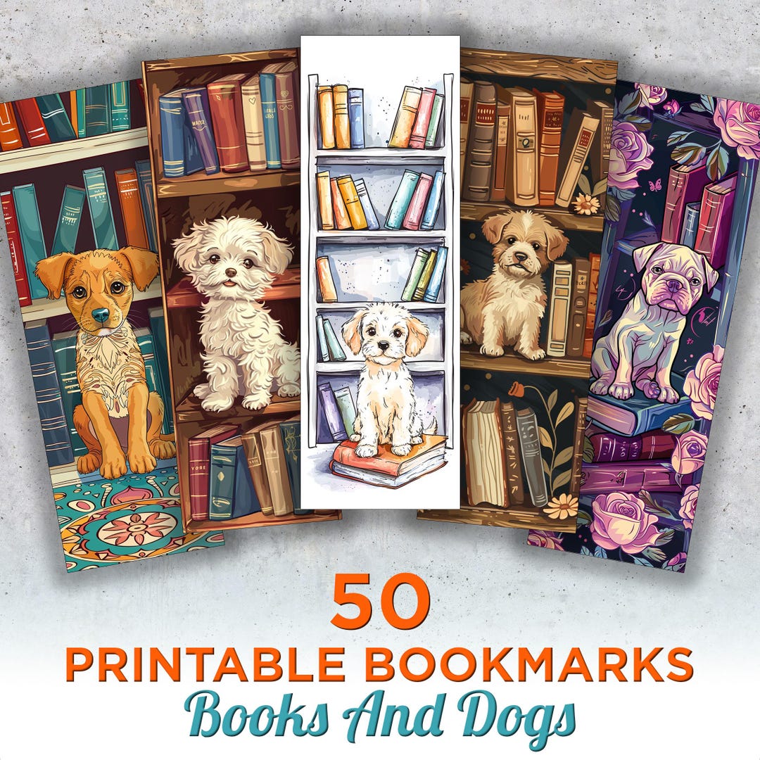 50 Books and Dogs Printable Bookmarks, Puppies Digital Bookmark Sheets ...