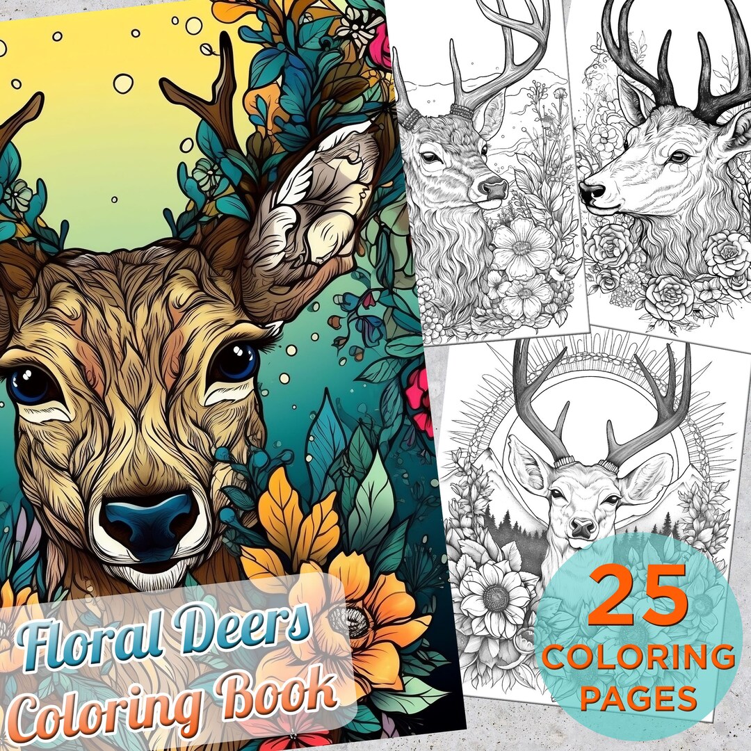 25 Floral Deers Coloring Pages, Adults Printable Coloring Page, Deers ...