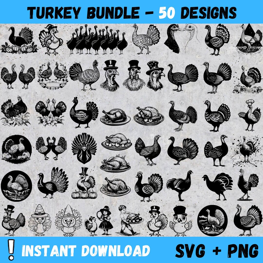 50 Thanksgiving Day Turkey PNG & SVG Bundle, SVG Silhouettes ...