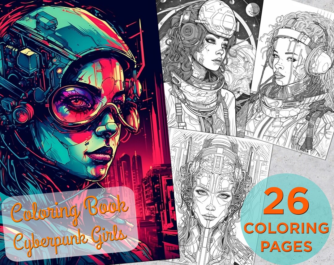 26 Cyberpunk Girls Coloring Pages, Adults Printable Grayscale Coloring ...