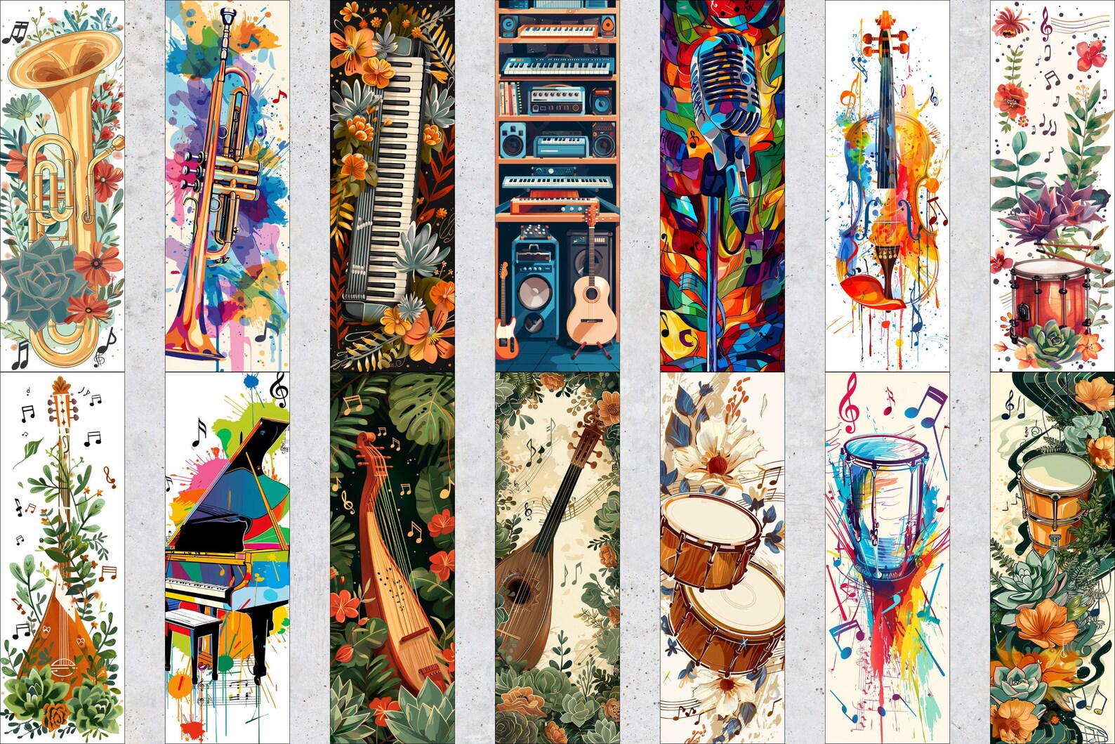 50 Musical Printable Bookmarks, Instruments Digital Download Bookmark ...
